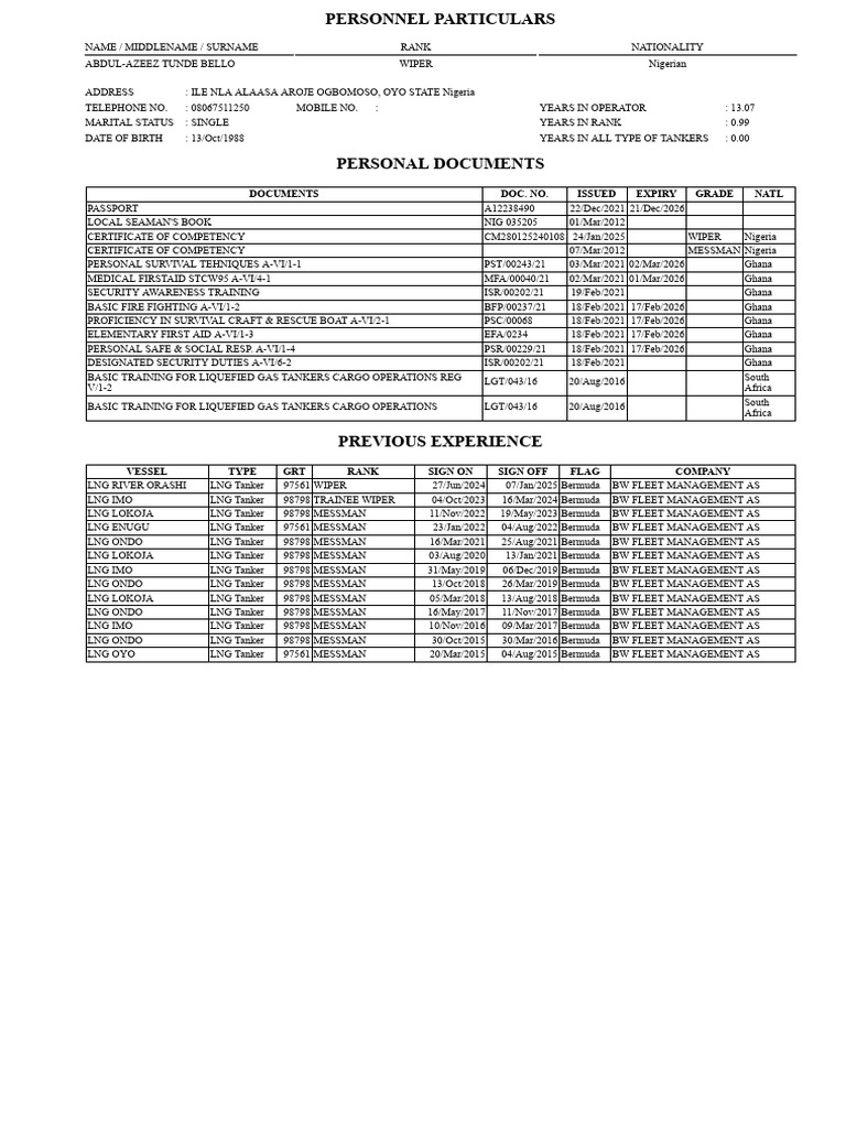 Personnel Details of Abdul-Azeez Tunde Bello | PDF | Liquefied Natural ...