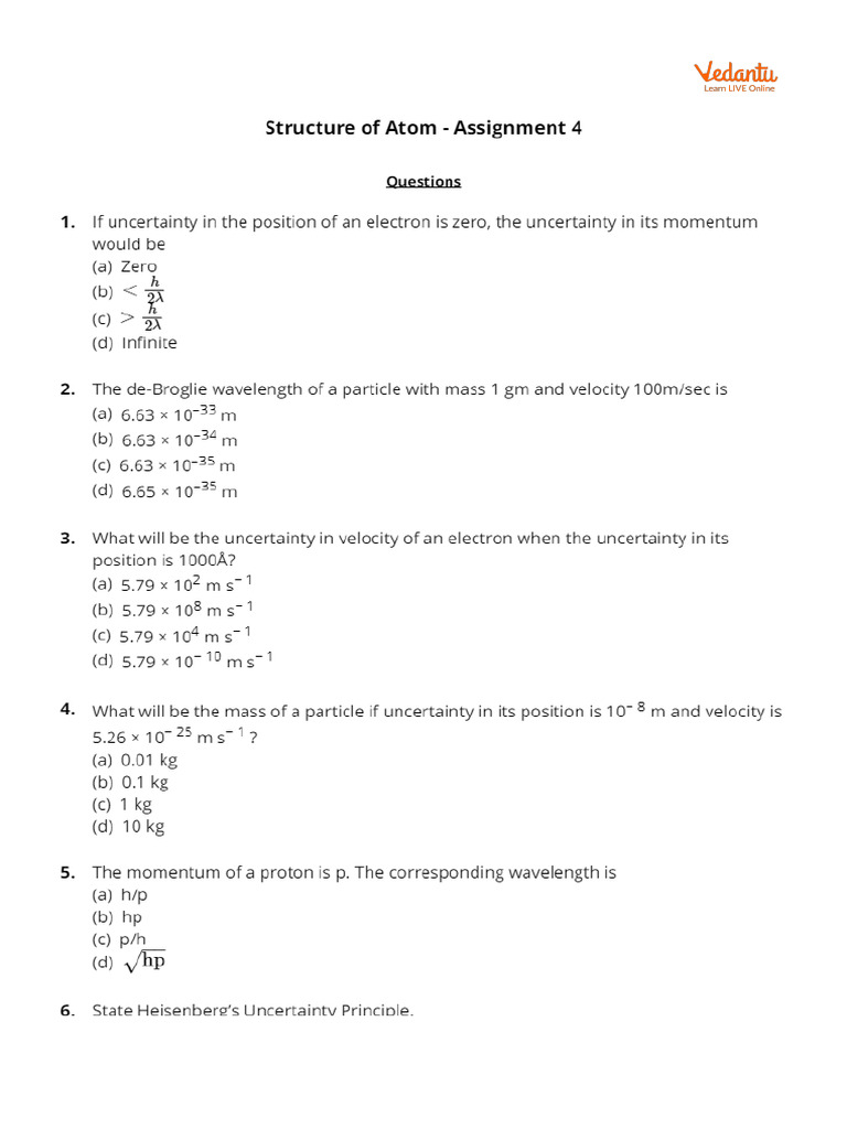Structure of Atom - Assignment 4 | PDF