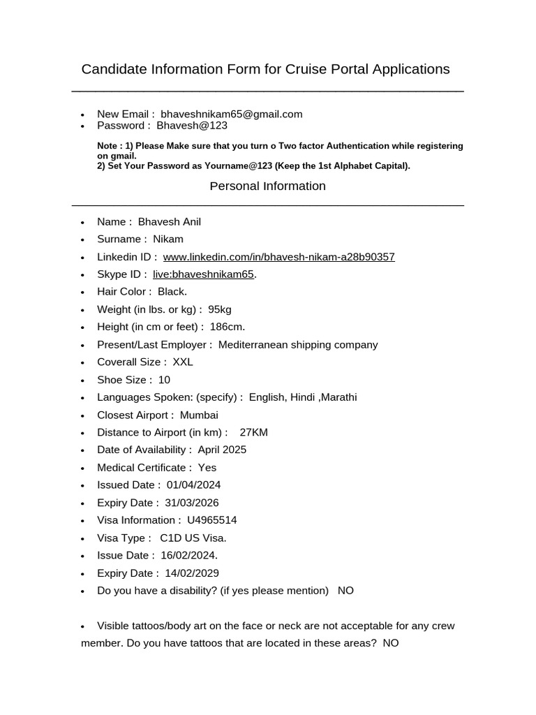 Candidate Information Form For Cruise Portal Applications | PDF