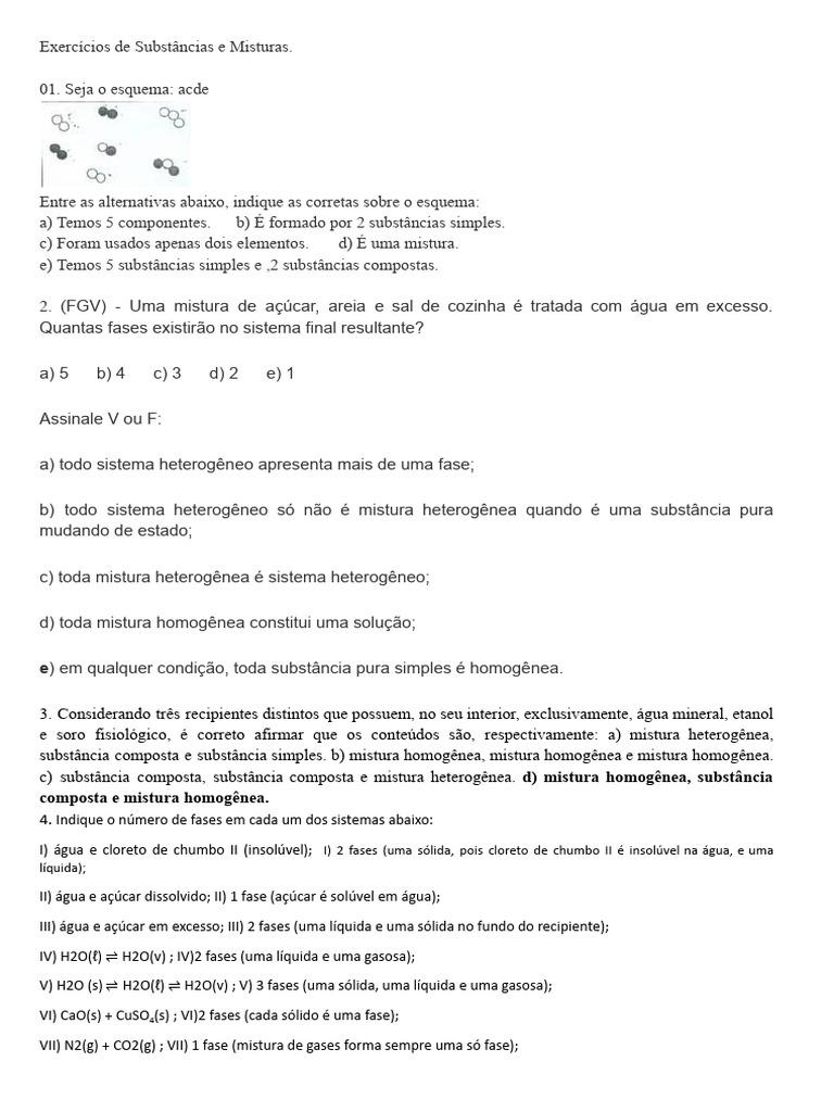 Exercícios de Substâncias e Misturas | PDF | Mistura | Substancias químicas
