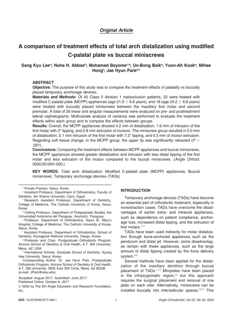 A Comparison of Treatment Effects of Total Arch Distalization Using Modified C-Palatal Plate Vs ...