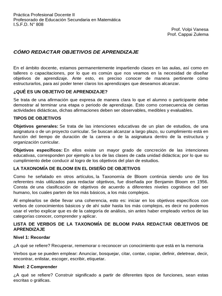 Redacción de Objetivos de Aprendizaje | PDF | Plan de estudios | Maestros
