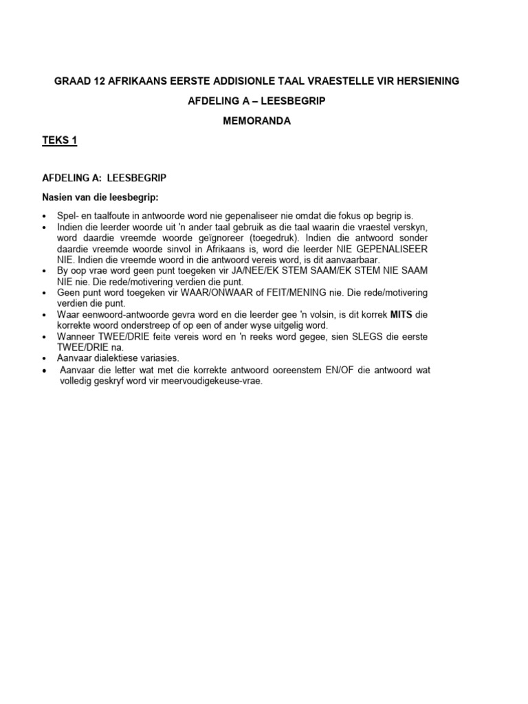 AFDELING A - GRAAD LEESBEGRIP Memoranda Afr EAT Hersiening | PDF