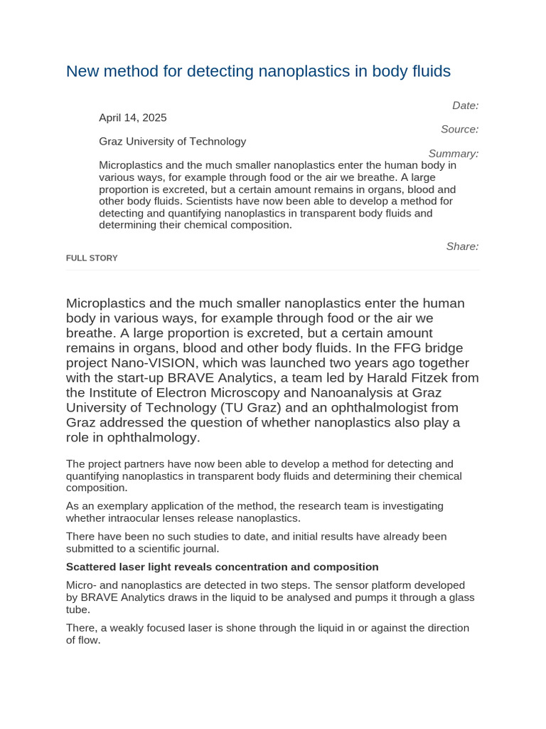 New method for detecting nanoplastics in body fluids | PDF | Raman Spectroscopy | Laser