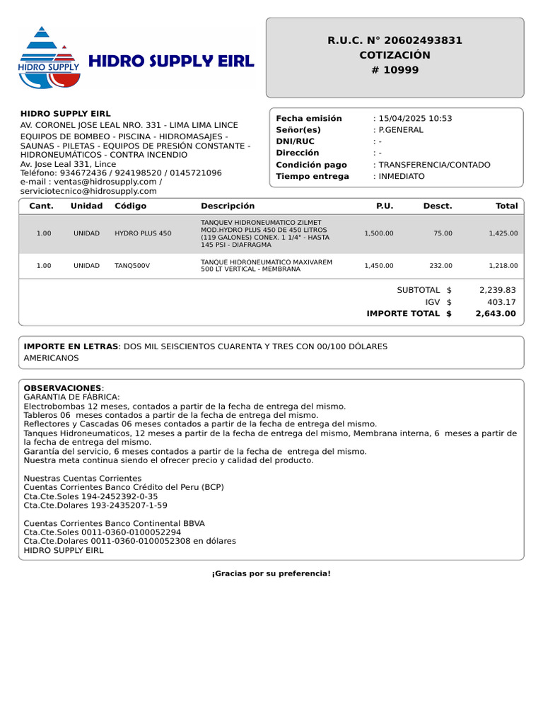 Cotizacion 10999 | PDF | Bancario