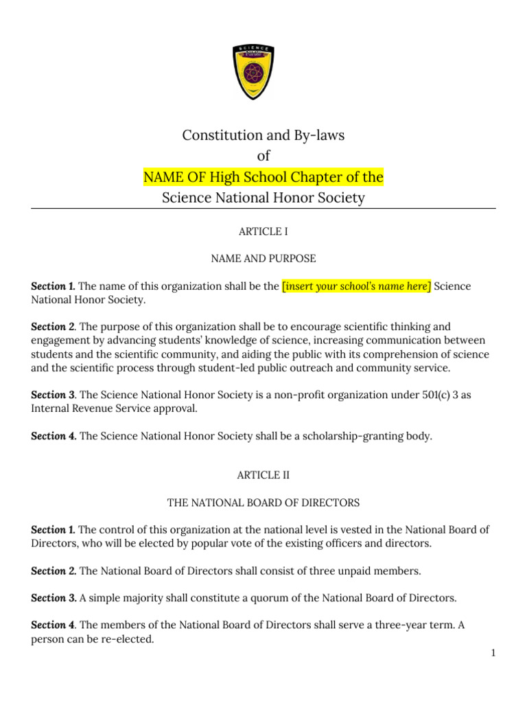 SNHS Chapter Constitution and Bylaws | PDF | Board Of Directors | By Law