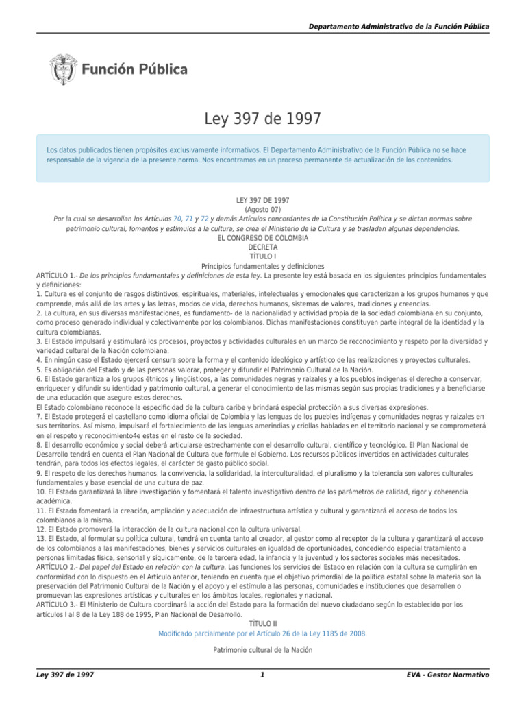 Ley 397 de 1997 sobre Cultura en Colombia | PDF | Patrimonio cultural ...