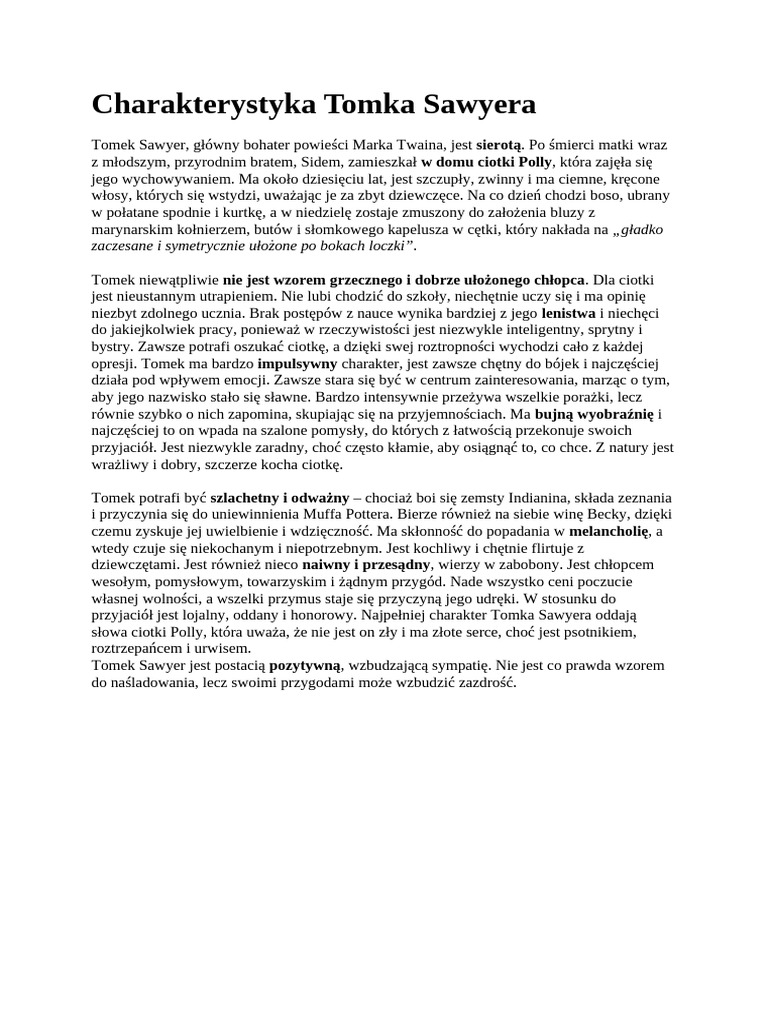 Charakterystyka Tomka Sawyera | PDF