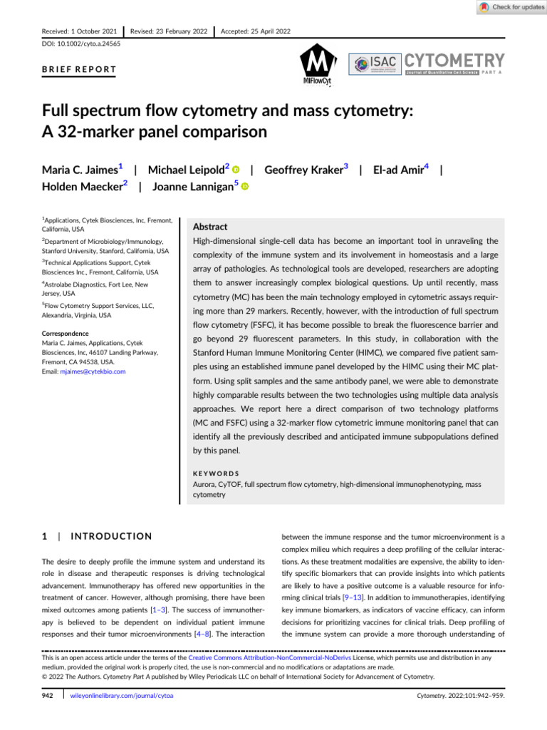 Cytometry PT A - 2022 - Jaimes - Full Spectrum Flow Cytometry and Mass Cytometry A 32 Marker ...