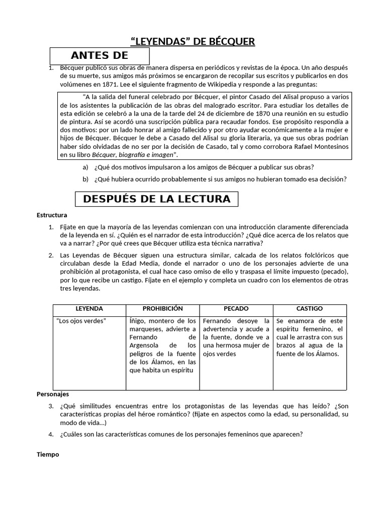 Guía Lectura Leyendas de Bécquer | PDF