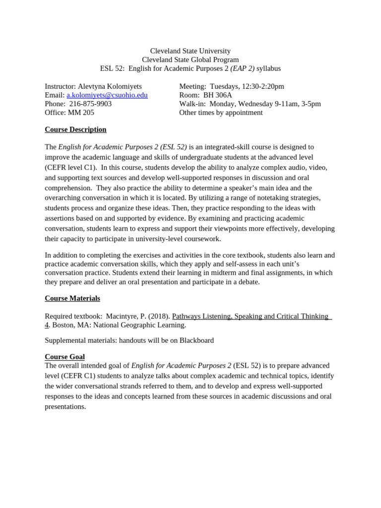 ESL 52 Syllabus Spring 2025 | PDF | Academic Dishonesty | Human ...