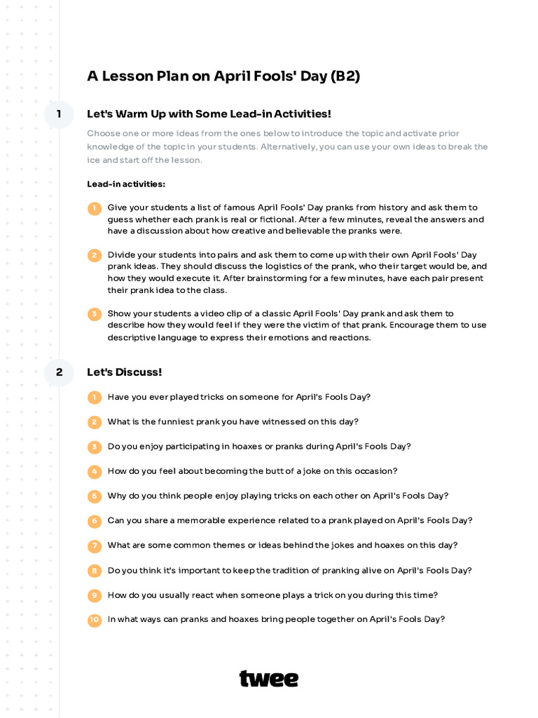 Twee A Lesson Plan On April Fools Day B2 | PDF