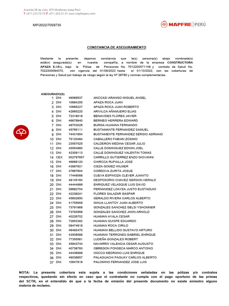 0108 Constancia SCTR Salud y Pension - Setiembre | PDF