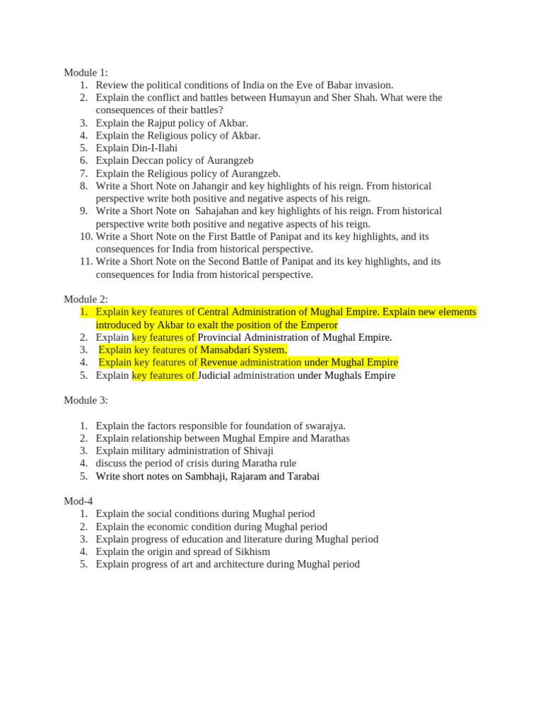 QuestionBankSem6 Paper4 | PDF | Mughal Empire