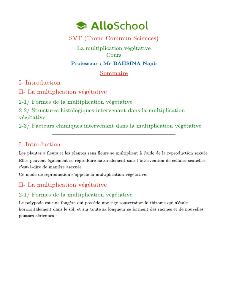 Cours 9 1 La Multiplication Vegetative 2 | PDF