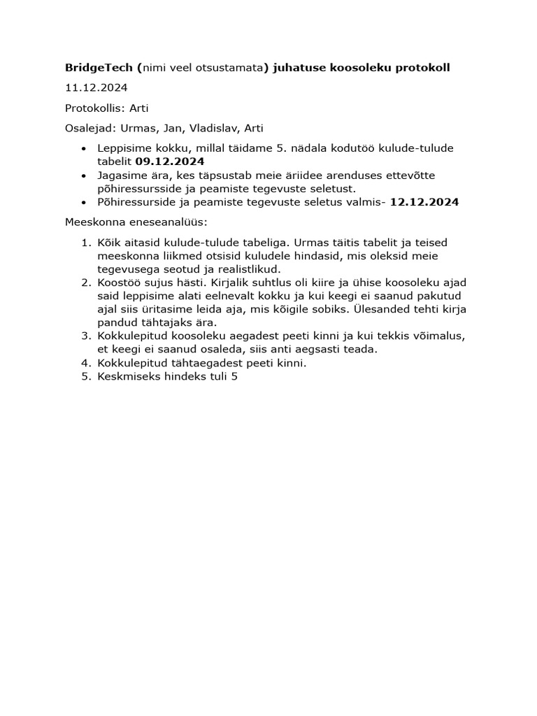 Protokoll 5 Arti Jan Urmas Vladislav | PDF