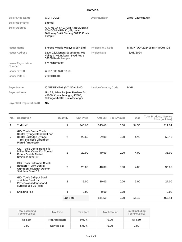 Shopee E-Invoice for GIGI-TOOLS | PDF | Taxes | Economies