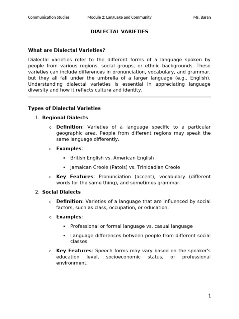 Dialectal Varieties Handout | PDF | Dialect | English Language
