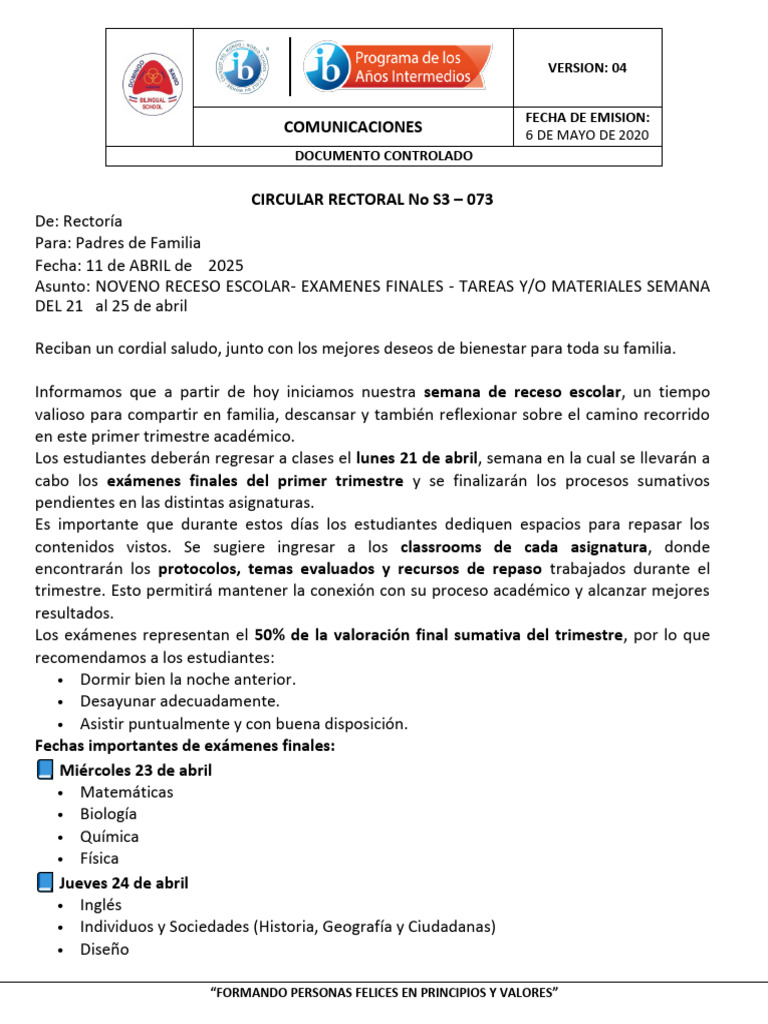 CIRCULAR RECTORAL No S3 - 073 NOVENO ESCOLAR - EXAMENES FINALES - TAREAS Y-O MATERIALES SEMANA ...