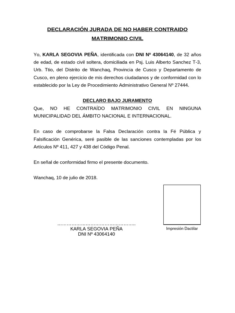 Declaración Jurada de No Haber Contraido Matrimonio Civil | PDF