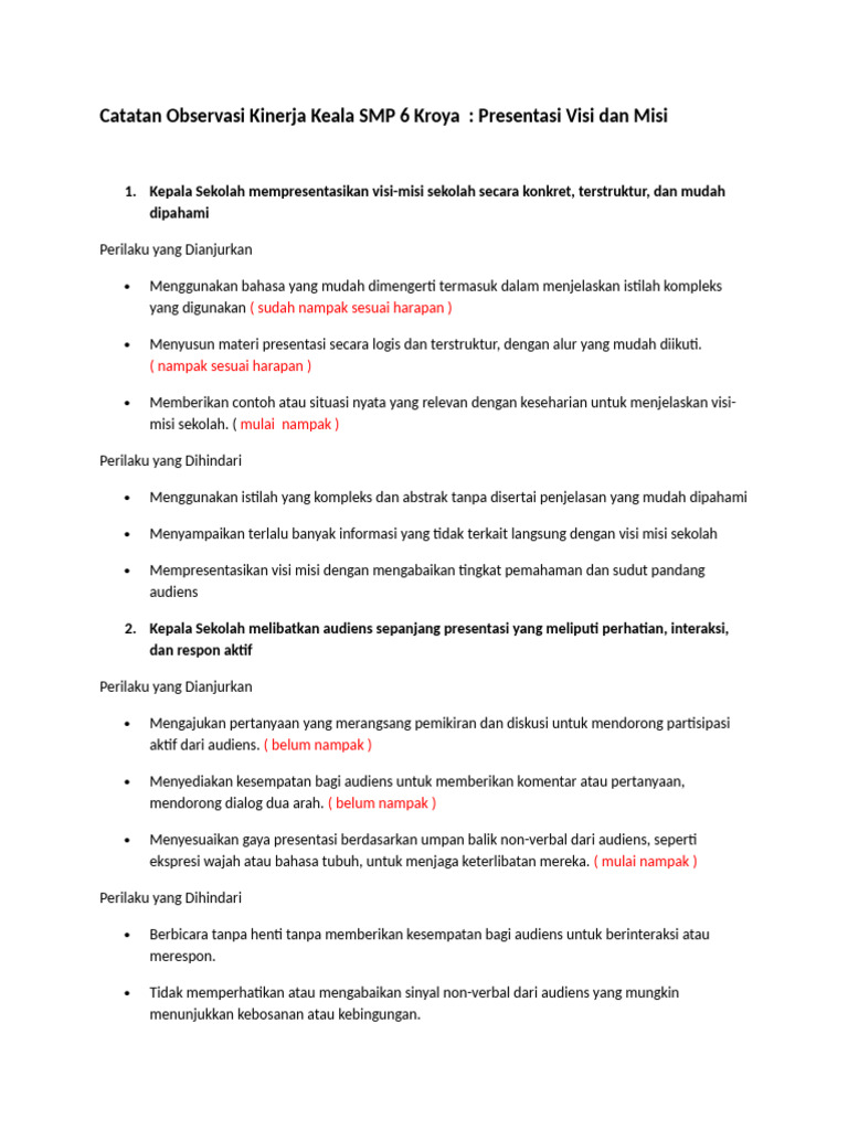 Catatan Observasi Kinerja Keala SMP 6 Kroya | PDF