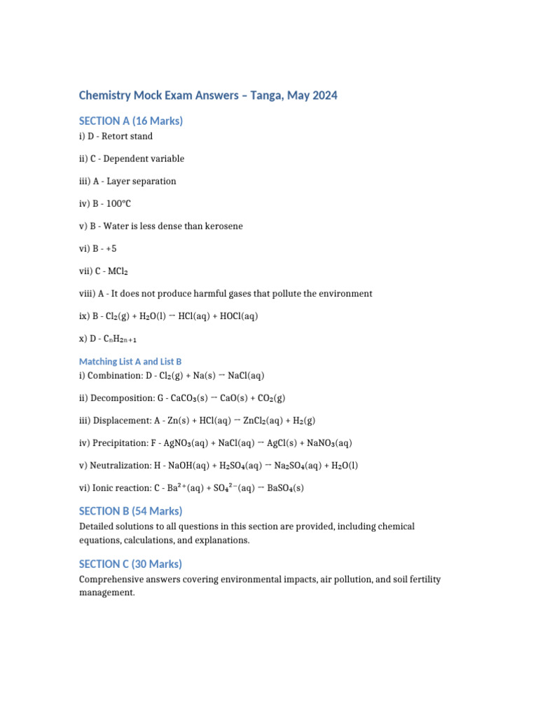Chemistry Mock Answers Tanga 2024 | PDF