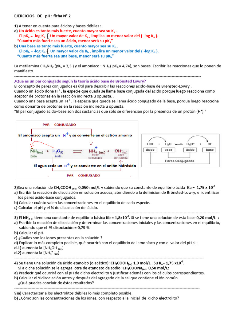 EJERCICIOS DE PH Ficha N°2 Electrolitos Débiles Pares Conjugados 2024 | PDF | Ácido | Constante ...