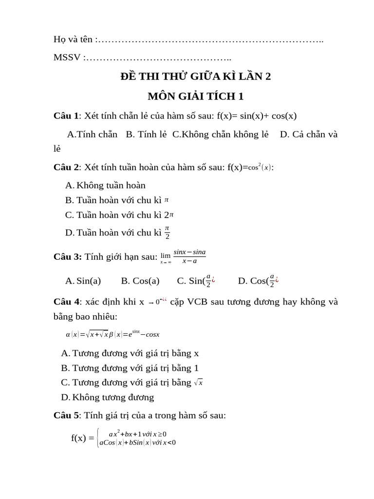 Câu trắc nghiệm gt1 | PDF