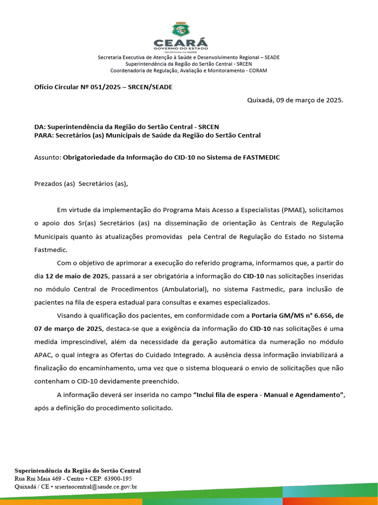 Oficio Circular 051 SRCEN Obrigatoriedade CID10 Fastmedic | PDF