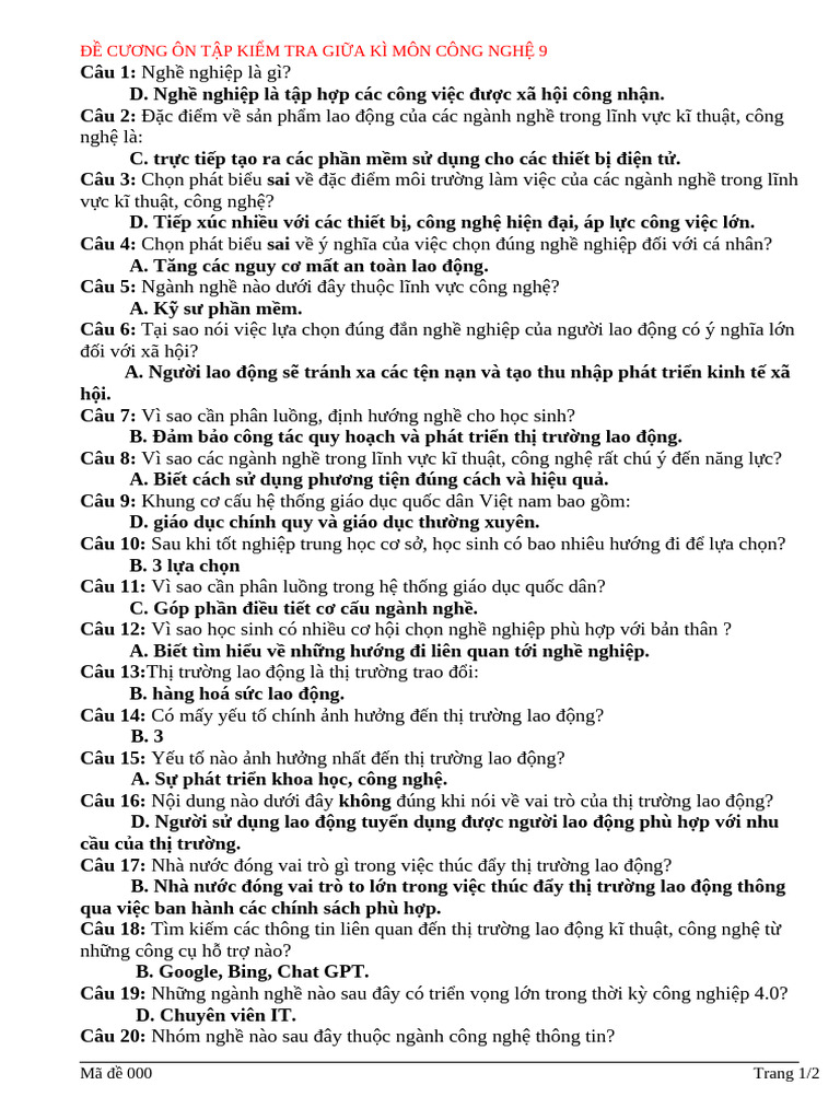 Đề Cương CN 9 | PDF