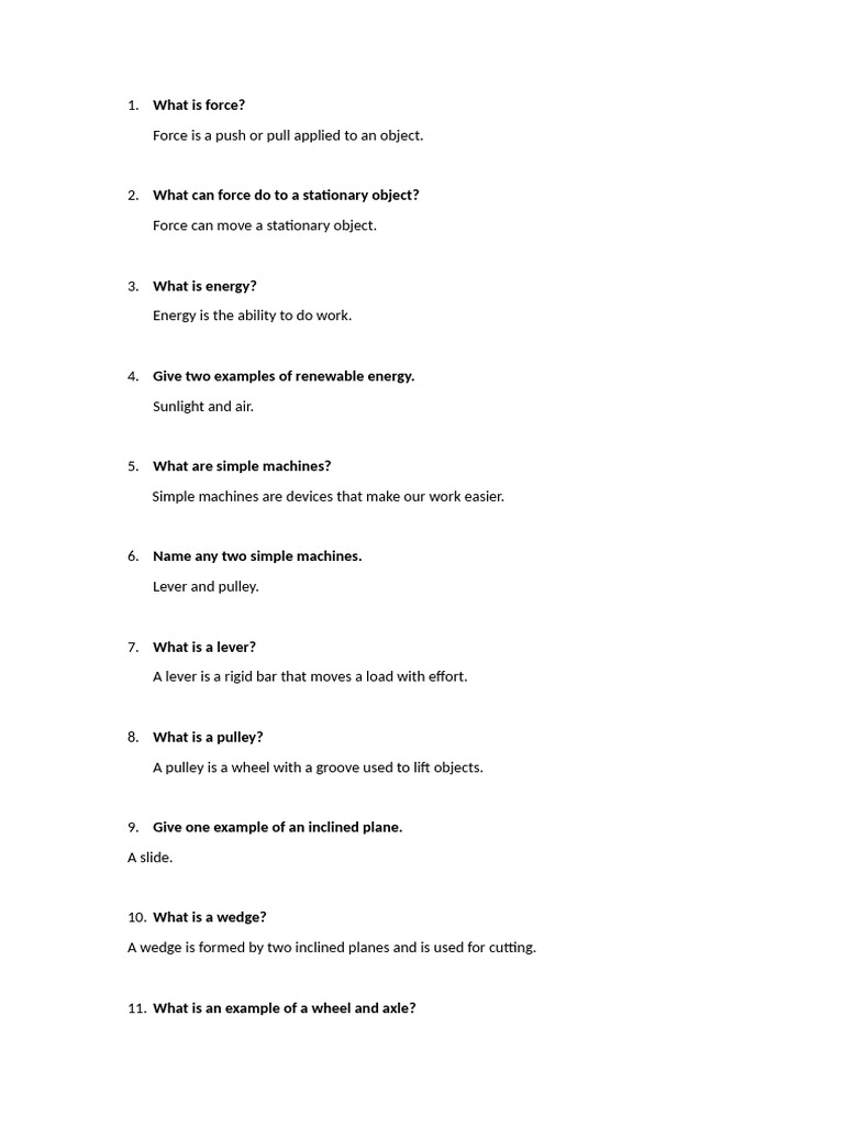 Class: 5th Chapter: Work and Energy Question Answer | PDF | Force ...