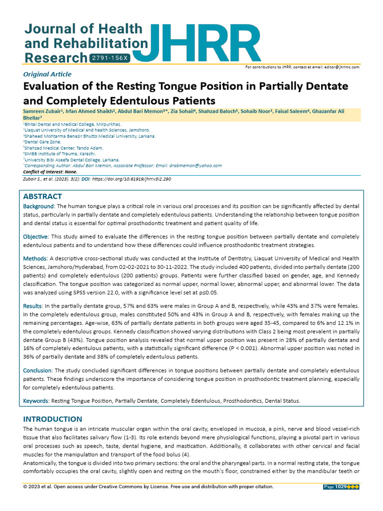 Tongue Position in Dentate vs Edentulous Patients | PDF | Health ...