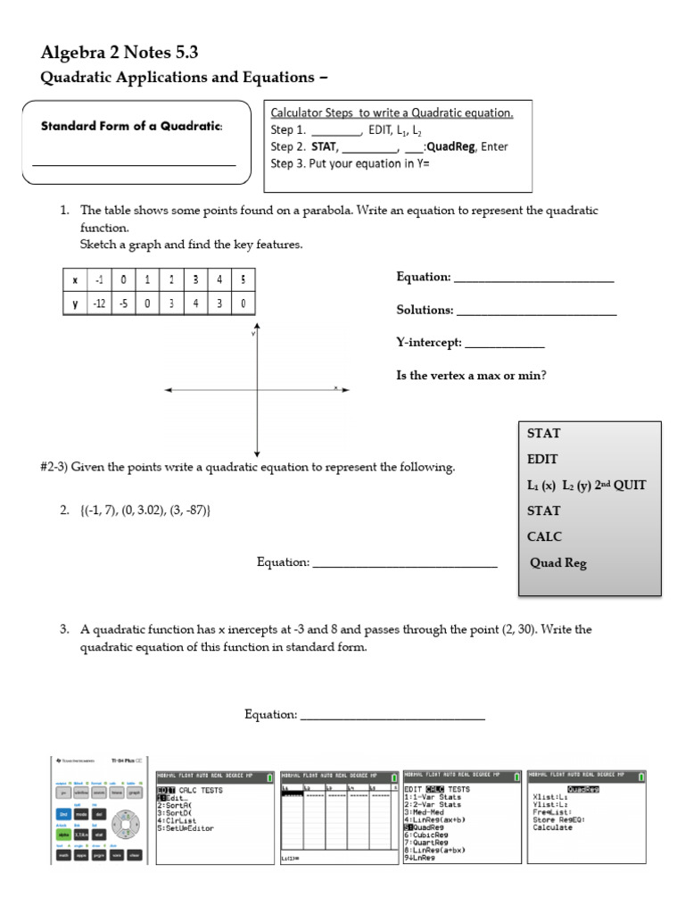 5 3 Notes Quadratic Regression And Projectile Motion Pdf Graph Theory Mathematical Relations