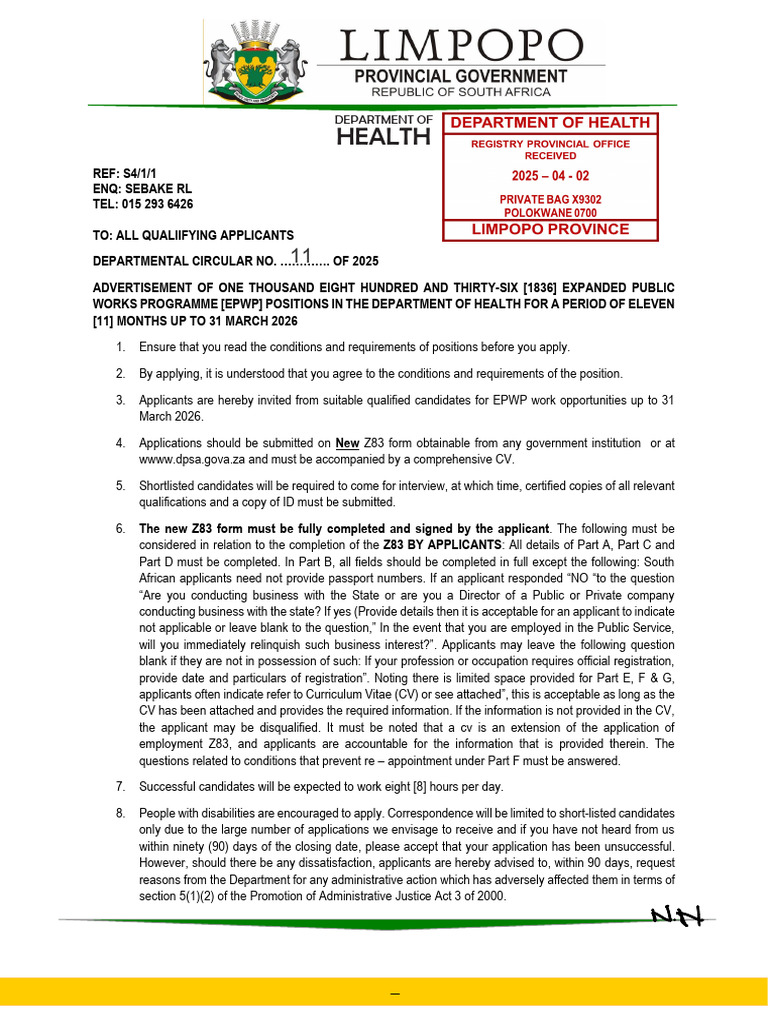 EPWP Positions in Limpopo Health 2025 | PDF | Morgue | Health Care