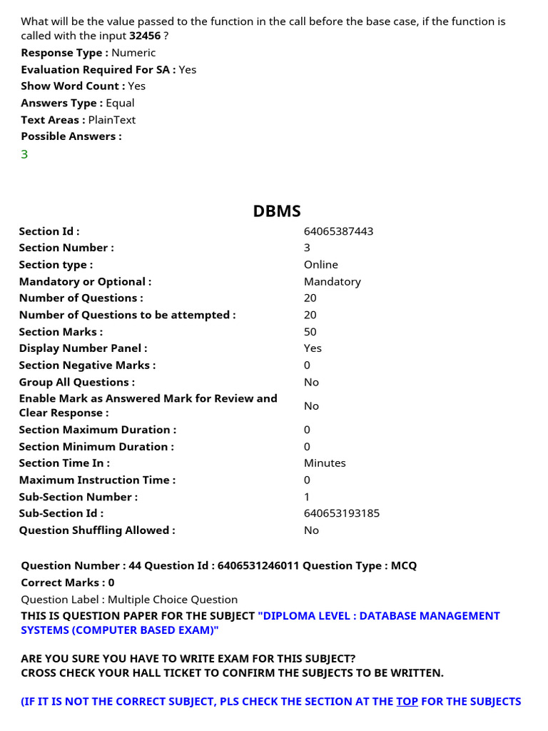 DBMS End Term Question Paper April 2025 | PDF | Multiple Choice | Data