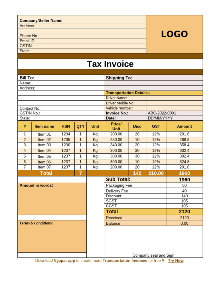 Transport Invoice Format 02 | PDF | Invoice