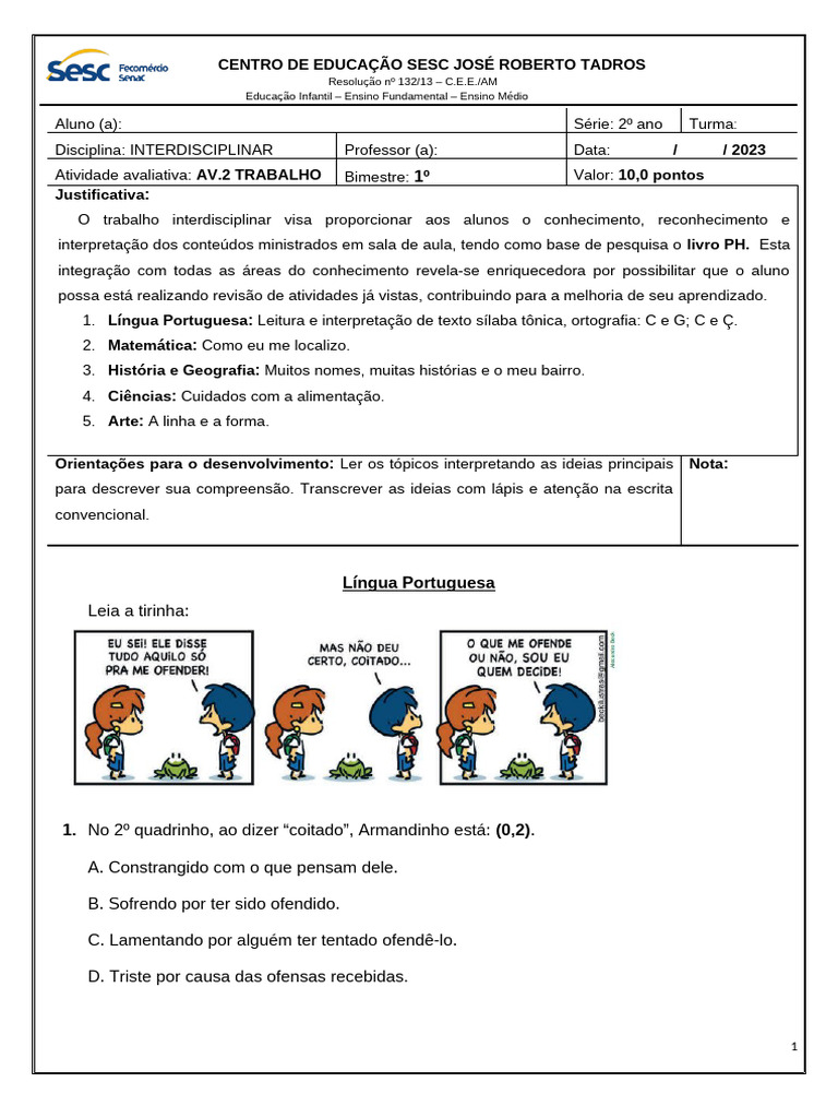 Trabalho Interdisciplinar AV2 - 1° BIMESTRE - 2° ANO 2024 | PDF | Interdisciplinaridade