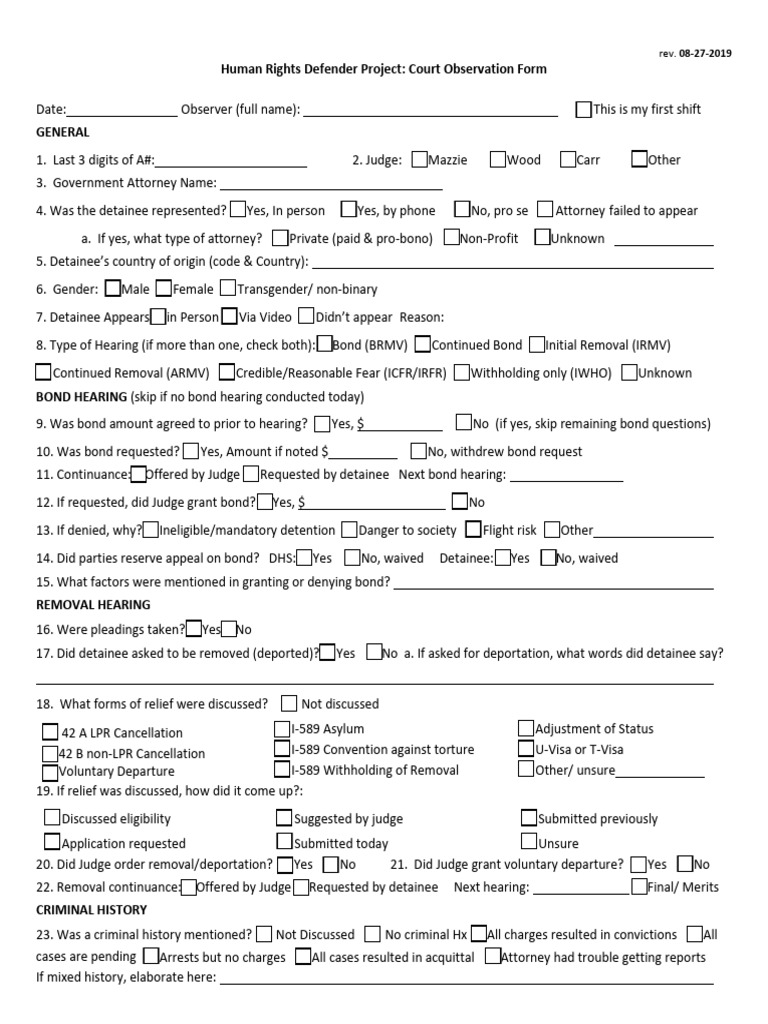 Court Observation Form (Human Rights Defender Project) | PDF | Bail ...