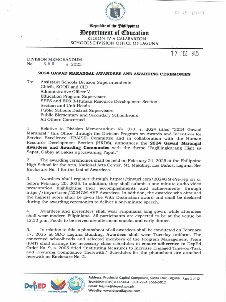 Dm068s2025 2024 Gawad Marangal Awardees and Awarding Ceremonies | PDF