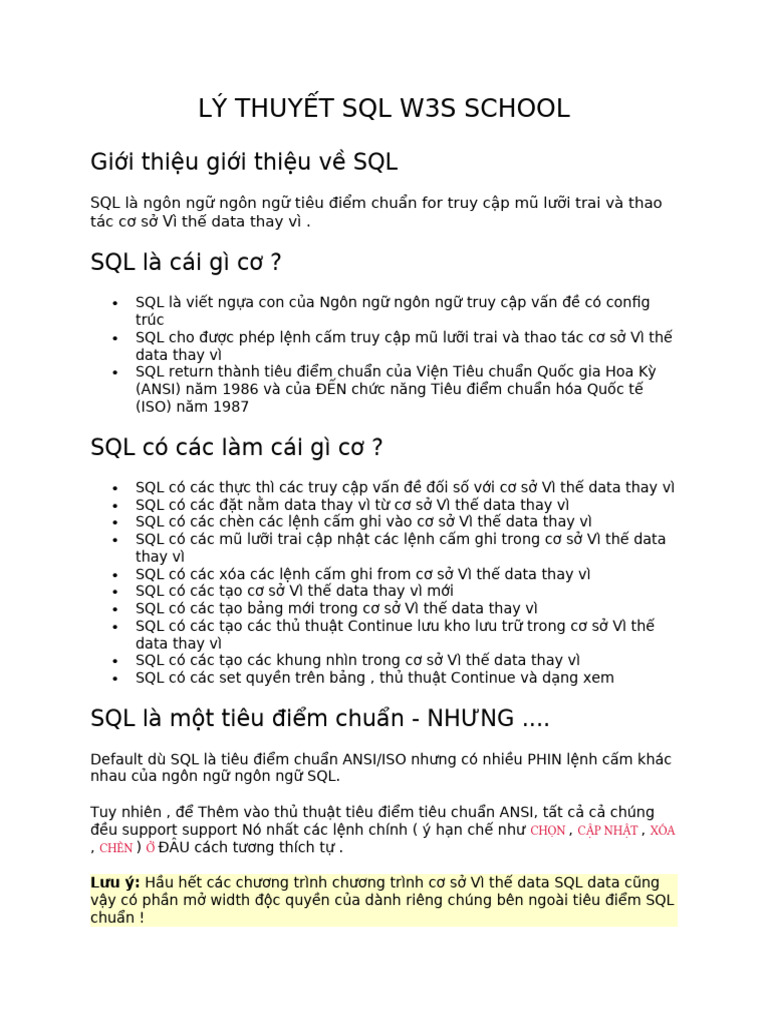 Lý Thuyết SQL w3s School (1) | PDF
