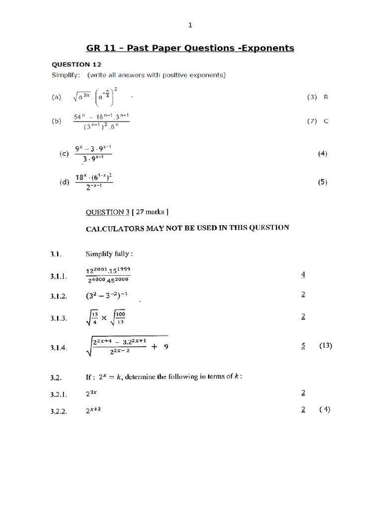 GR 11 - Exponents - Past Paper Questions | PDF