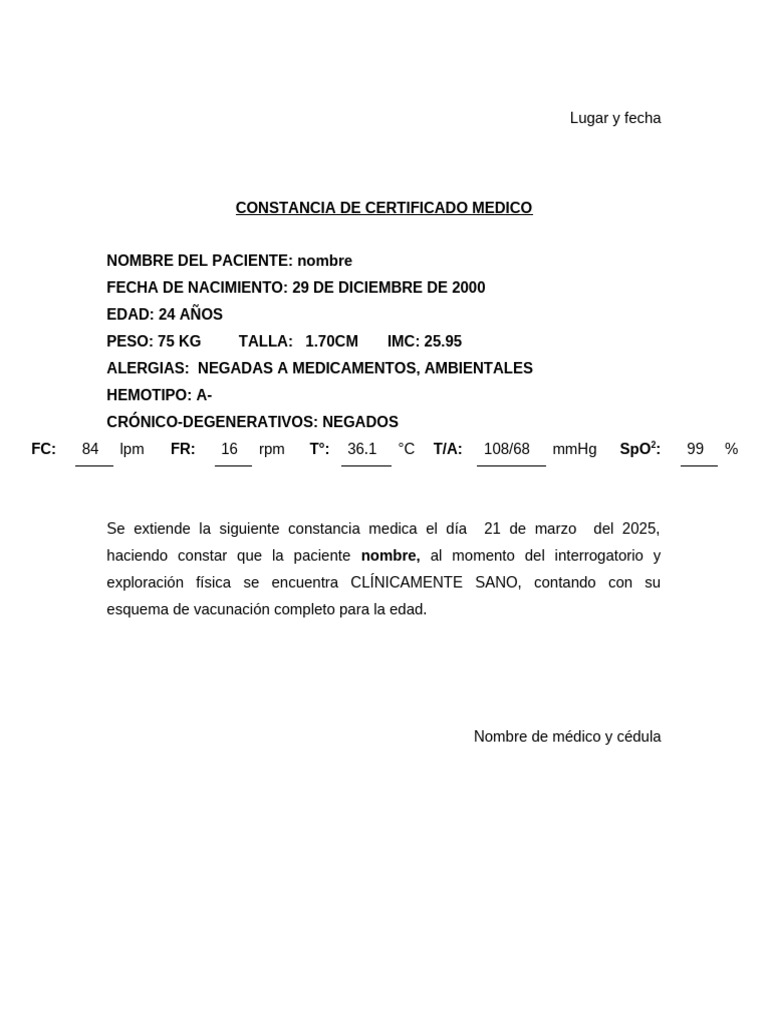 Certificado Medico Formato | PDF