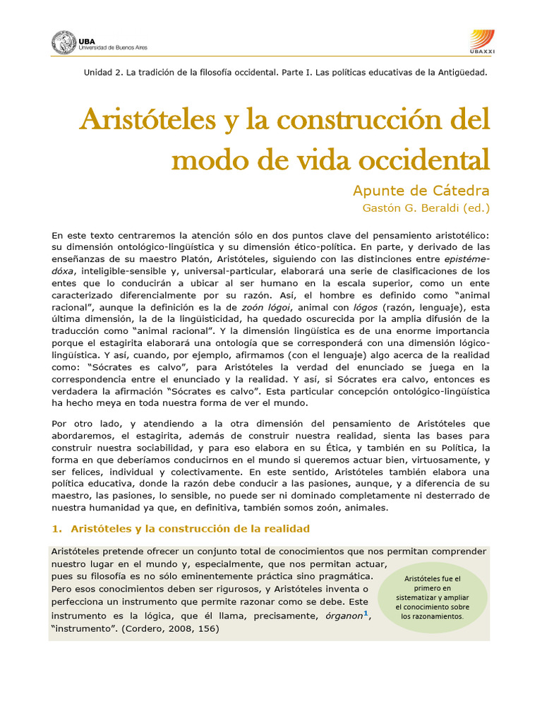 2.unidad 2. Parte I.iiaristóteles y La Construcción Del Modo de Vida Occidental (Imprimib | PDF ...