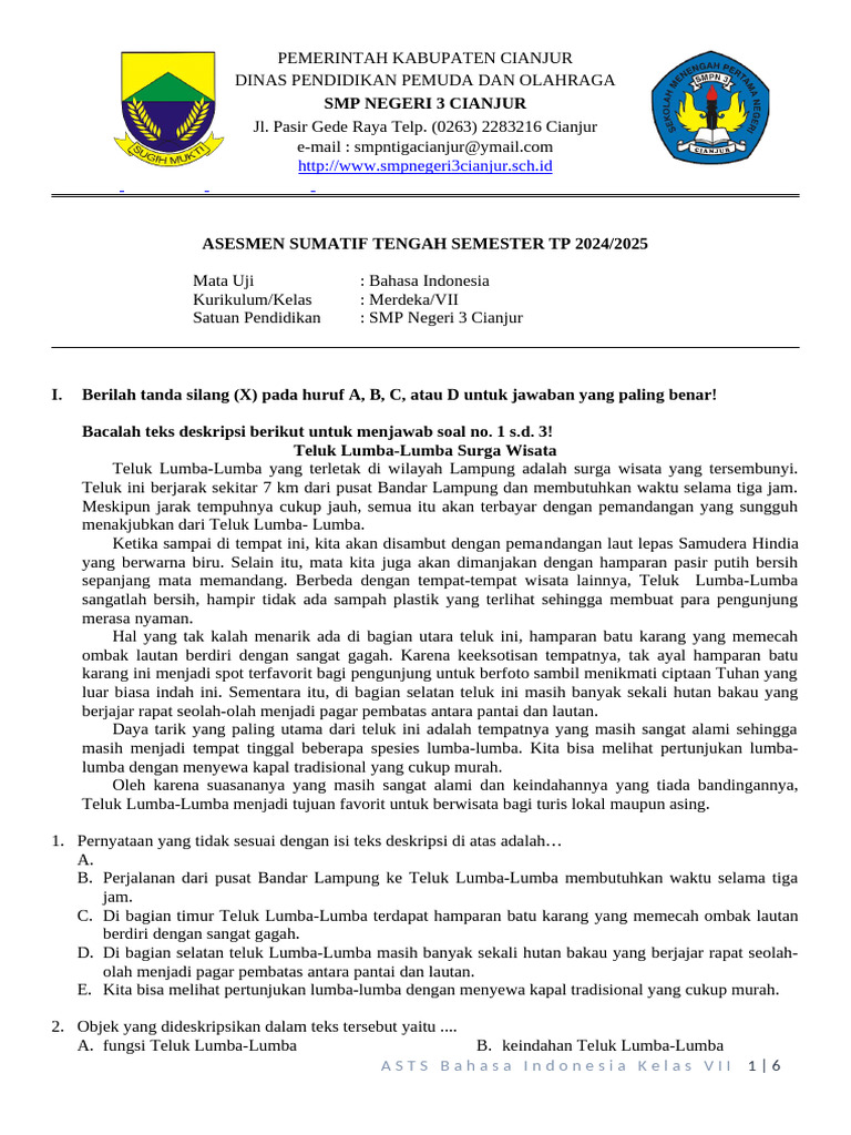 Soal ASTS Bahasa Indonesia Kelas 7 2024 | PDF