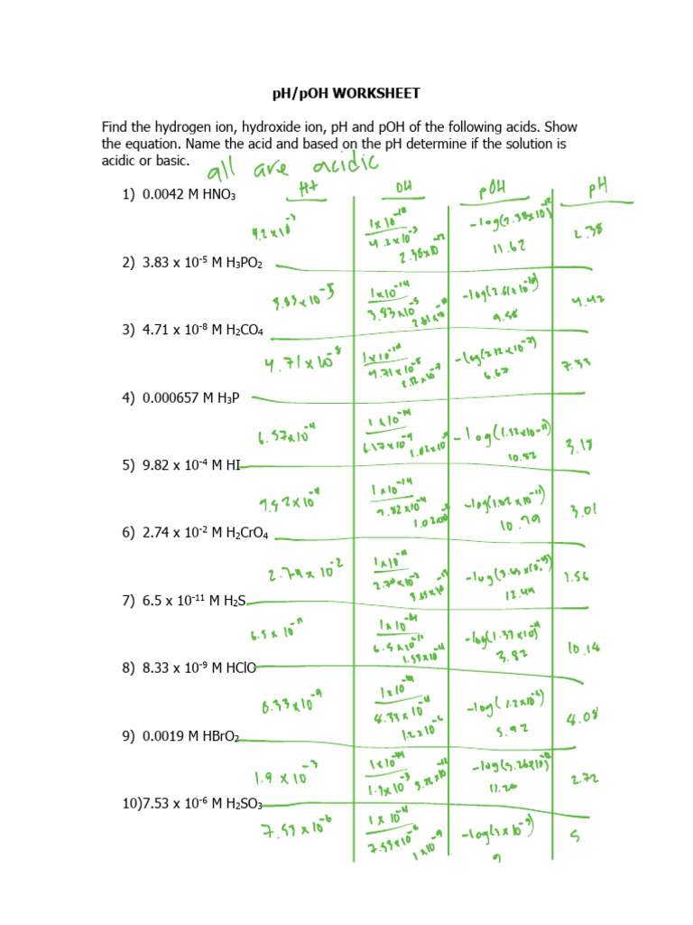 PH and pOH Worksheet | PDF