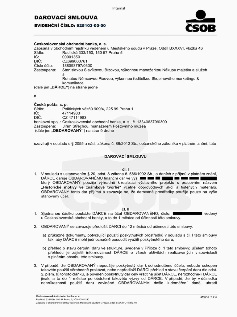 Darovaci Smlouva - Mezi CSOB A Ceska Posta Postovni Muzeum - 925103-00-00 - Podepsano | PDF