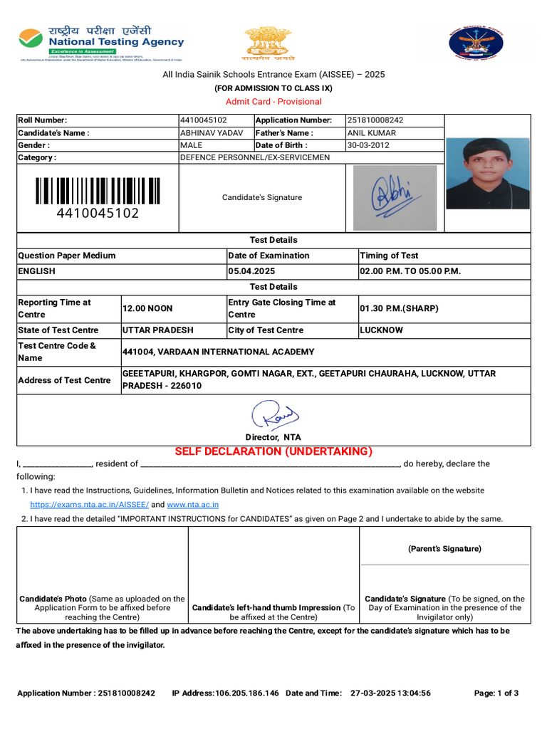 AISSEE 2025 Admit Card Details | PDF