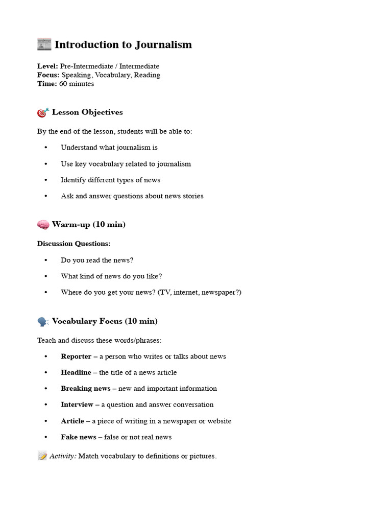 Introduction to Journalism Lesson Plan | PDF