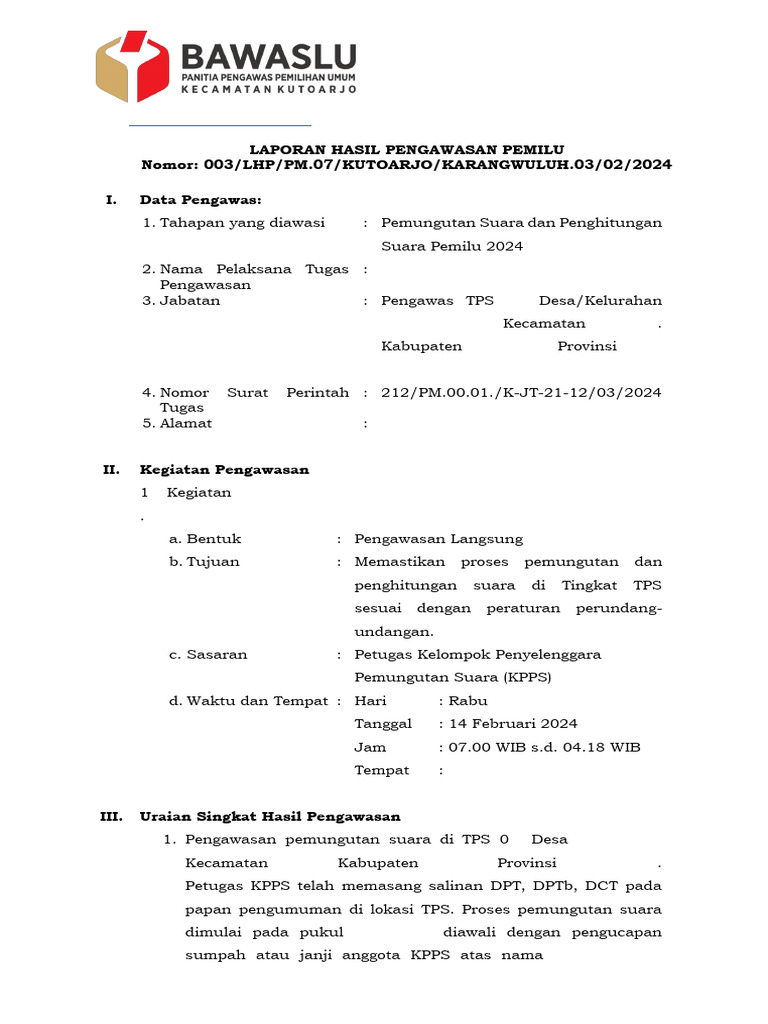 Lap Pengawasan Penghitungan Surat Suara Tps 003 | PDF