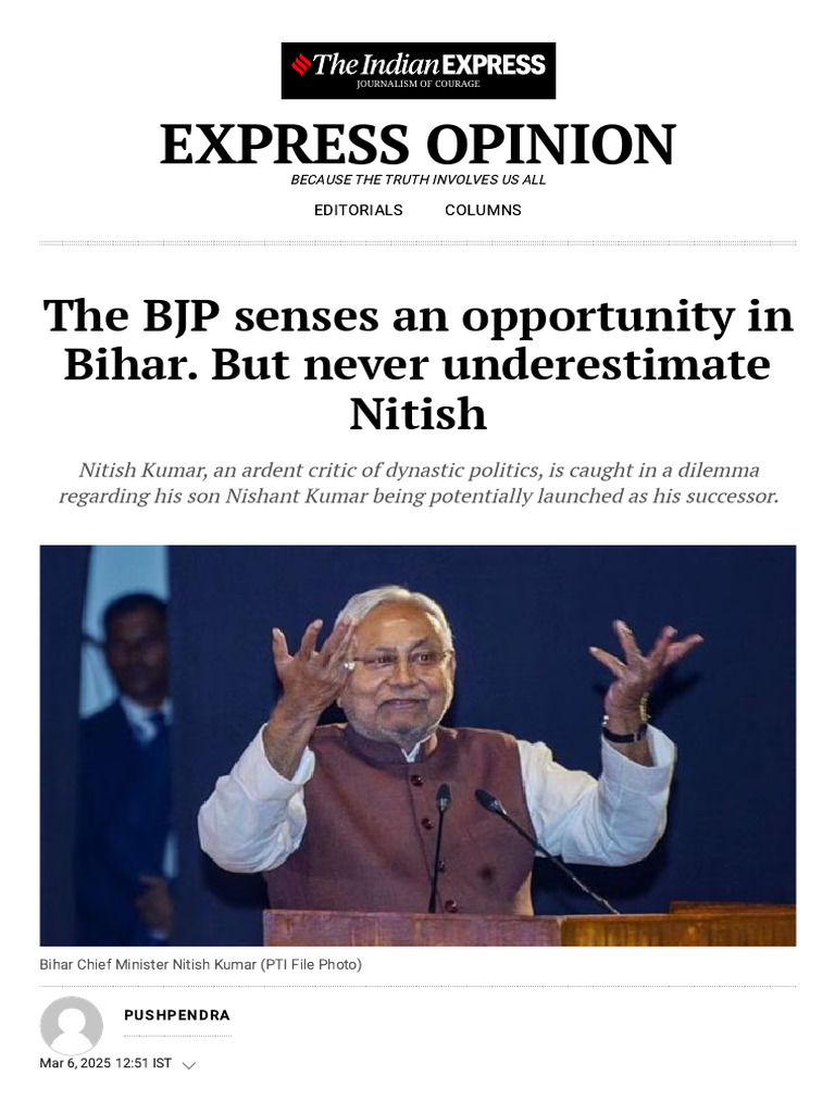 (Indian Express) On Nitish Kumar's Dilemma Over Launching His Son (6 March 2025) | PDF ...
